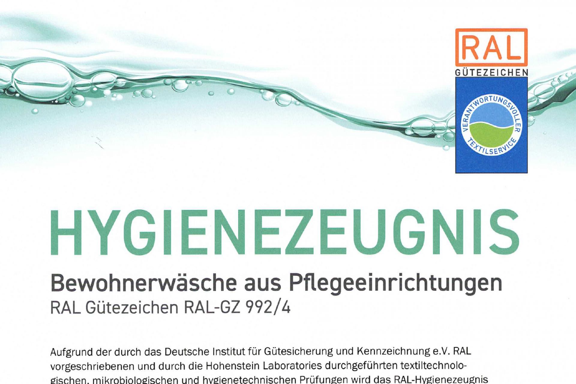 RAL-GZ 992/4:2024-07 - Hygienezeugnis Bewohnerwäsche